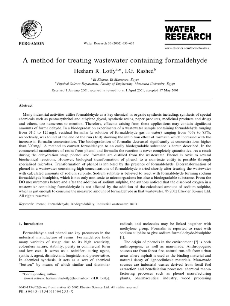 A Method For Treating Formaldehyde | PDF | Formaldehyde | Chemistry