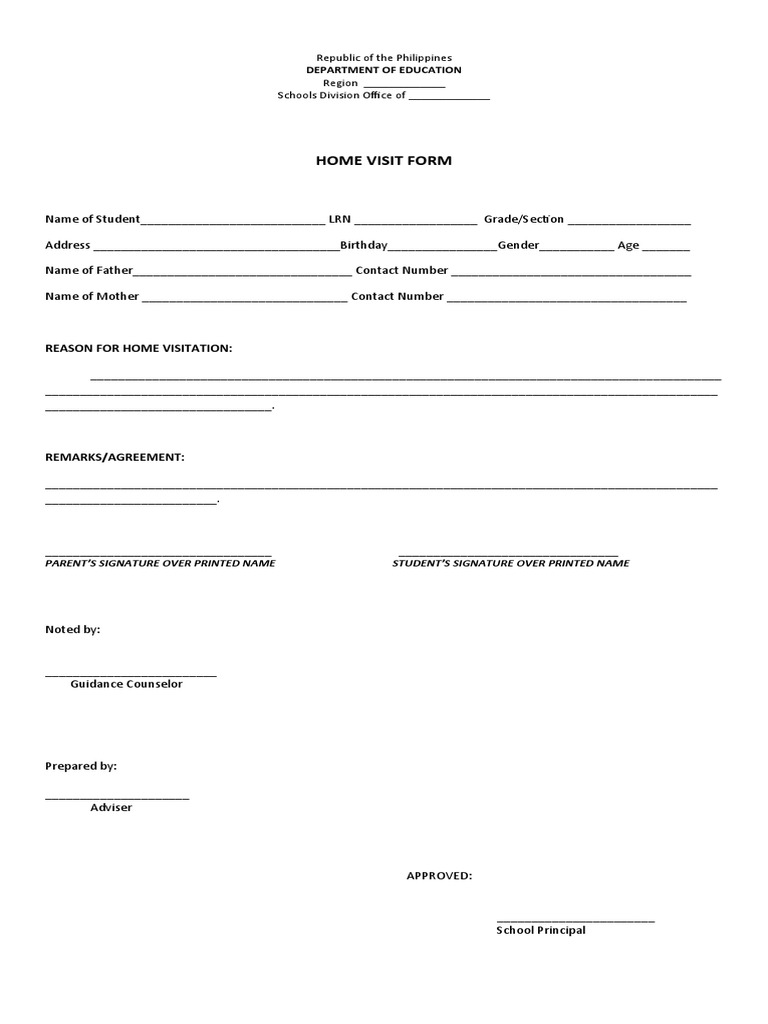 Home Visit Form: Reason For Home Visitation | PDF
