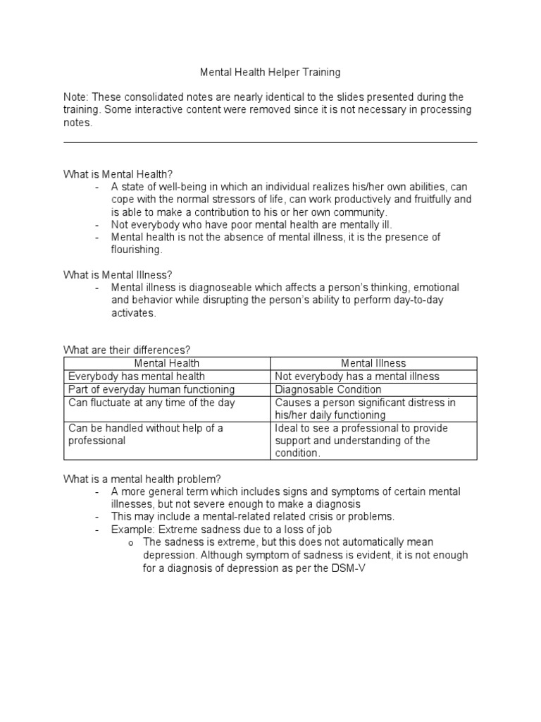 MH Helper Training Notes | PDF | Mental Health | Mental Disorder