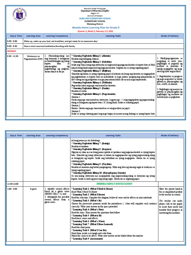 WHLP Detailed Grade 3 Q2 W5 All Subjects | PDF
