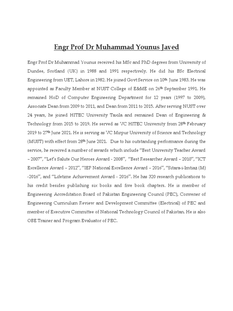Profile of Prof DR M. Younus Javed PEC Election 2021-2024b | PDF