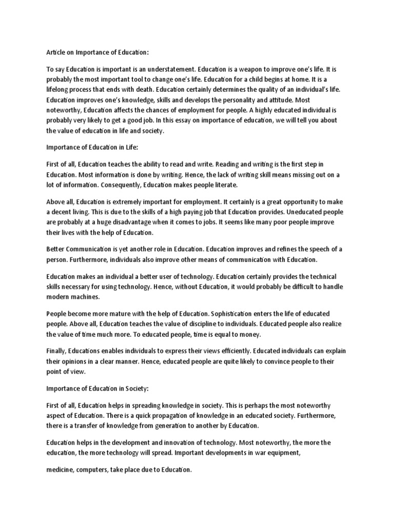 Article On Importance of Education | PDF | Literacy | Human Nature