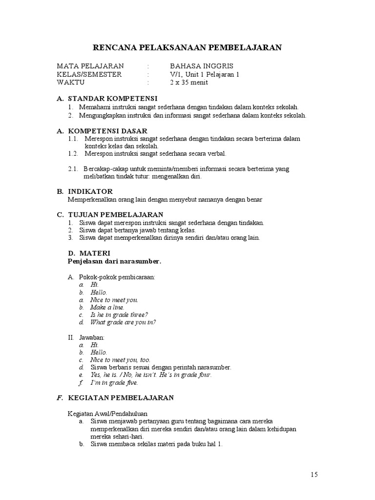 RPP Bahasa Inggris Kelas 5 | PDF | Seni & Disiplin Bahasa | Kajian Bahasa Asing