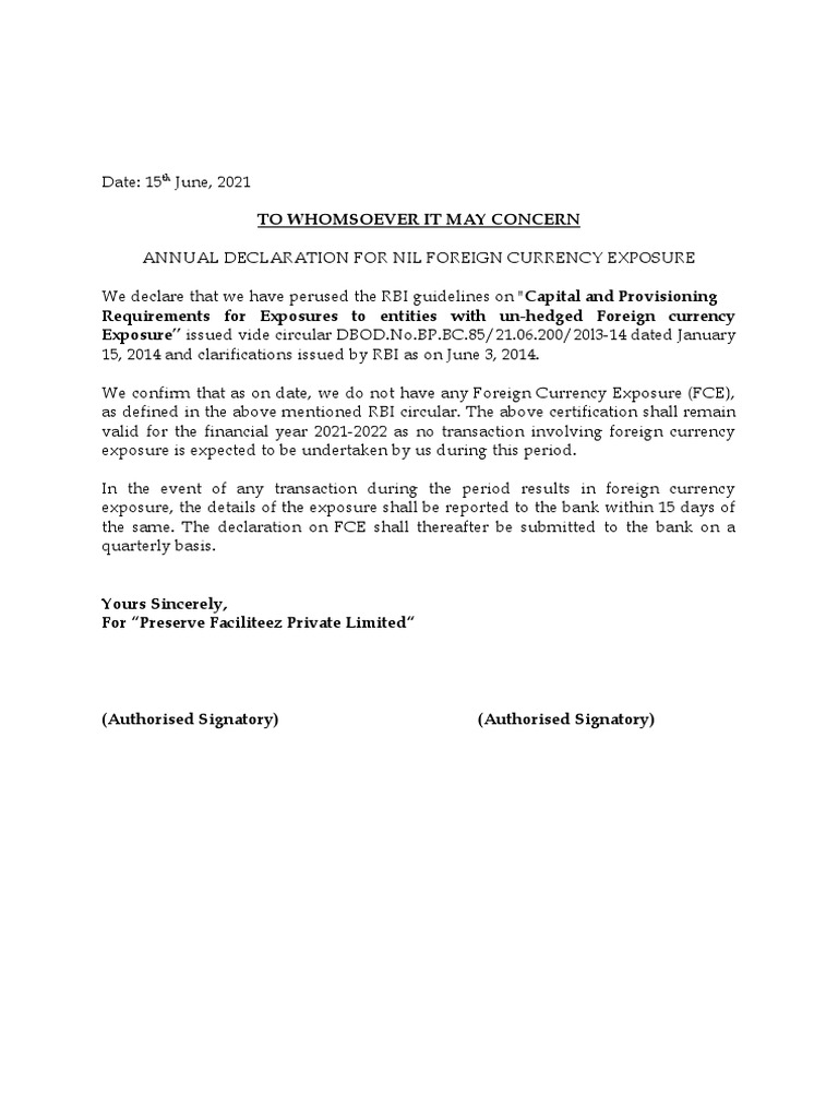 Annexure I - Annual Declaration Letter - Format | PDF | Finance & Money ...