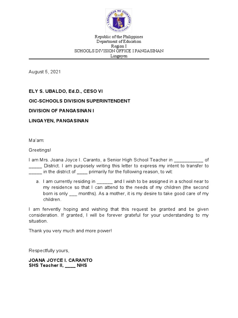 Letter of Intent For Transfer of Item | PDF