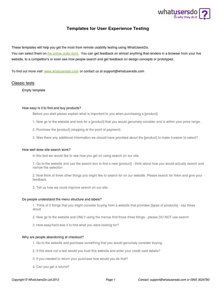 Templates For User Experience Testing: Classic Tests | PDF | Search ...