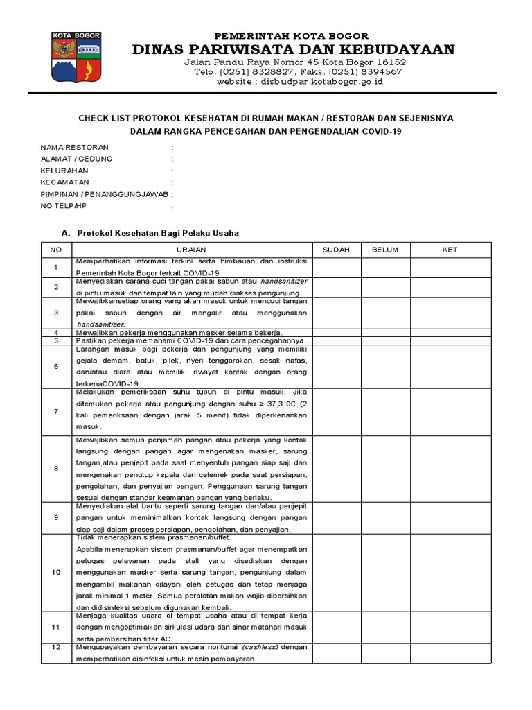 Check List Protokol Kesehatan Restoran | PDF