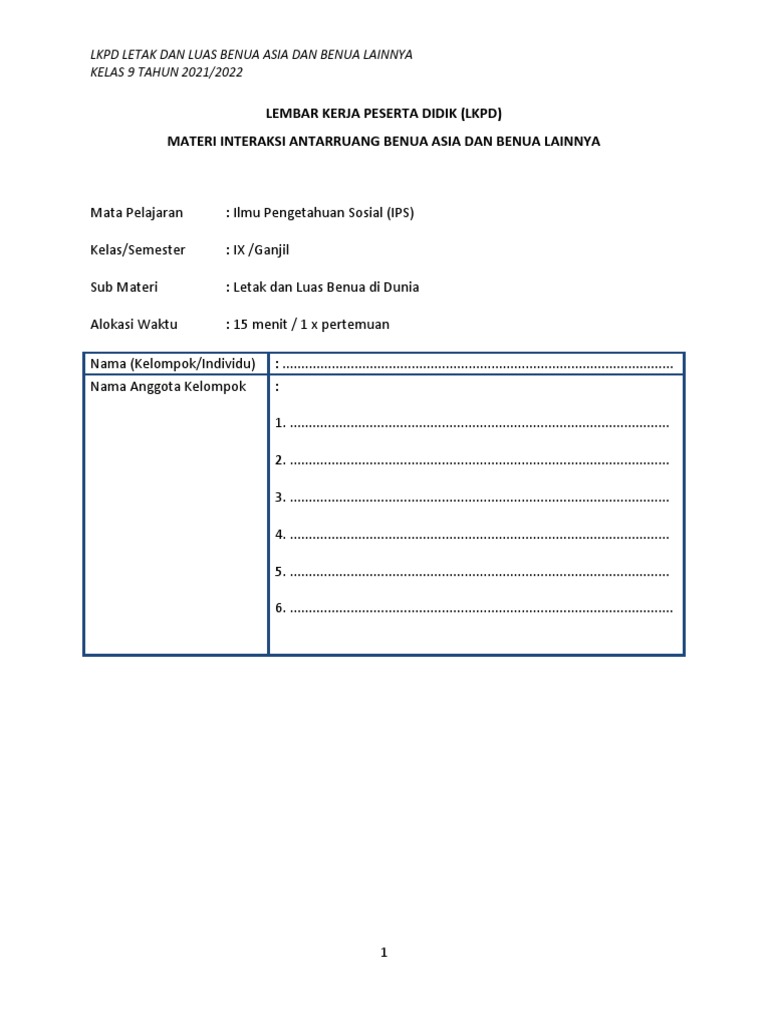 LKPD Letak dan Luas Benua Dunia | PDF