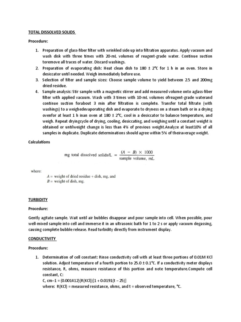 Total Dissolved Solids Procedure | PDF | Chemistry | Titration