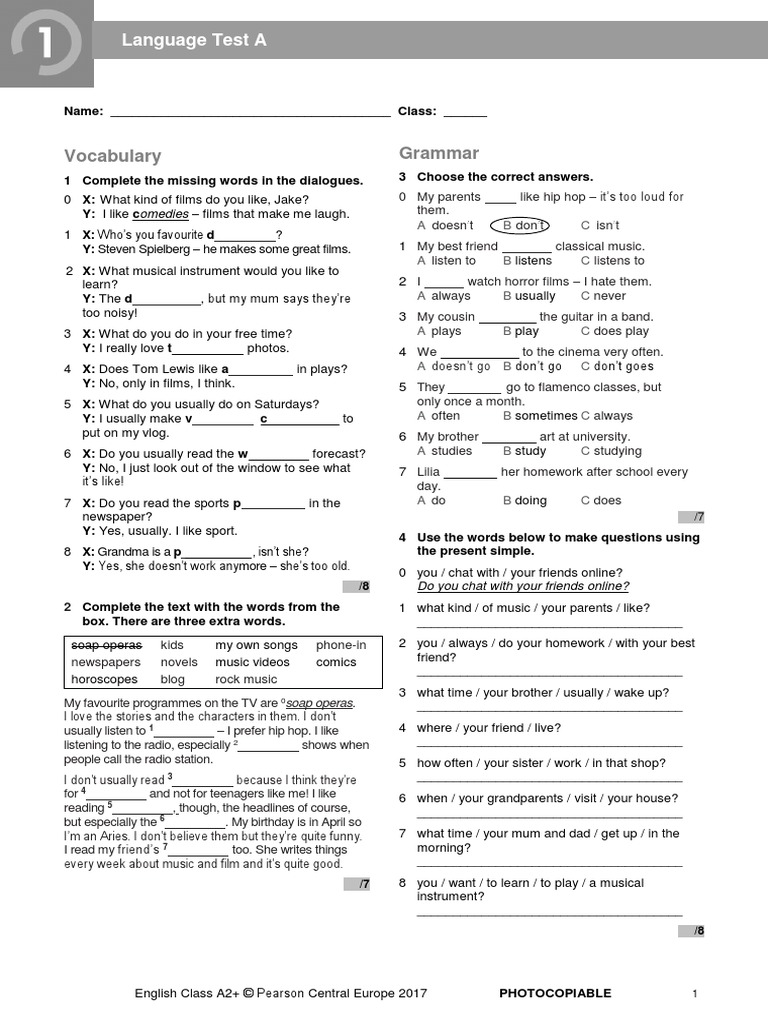 ECA2plus - Tests - Language Test 1A | PDF