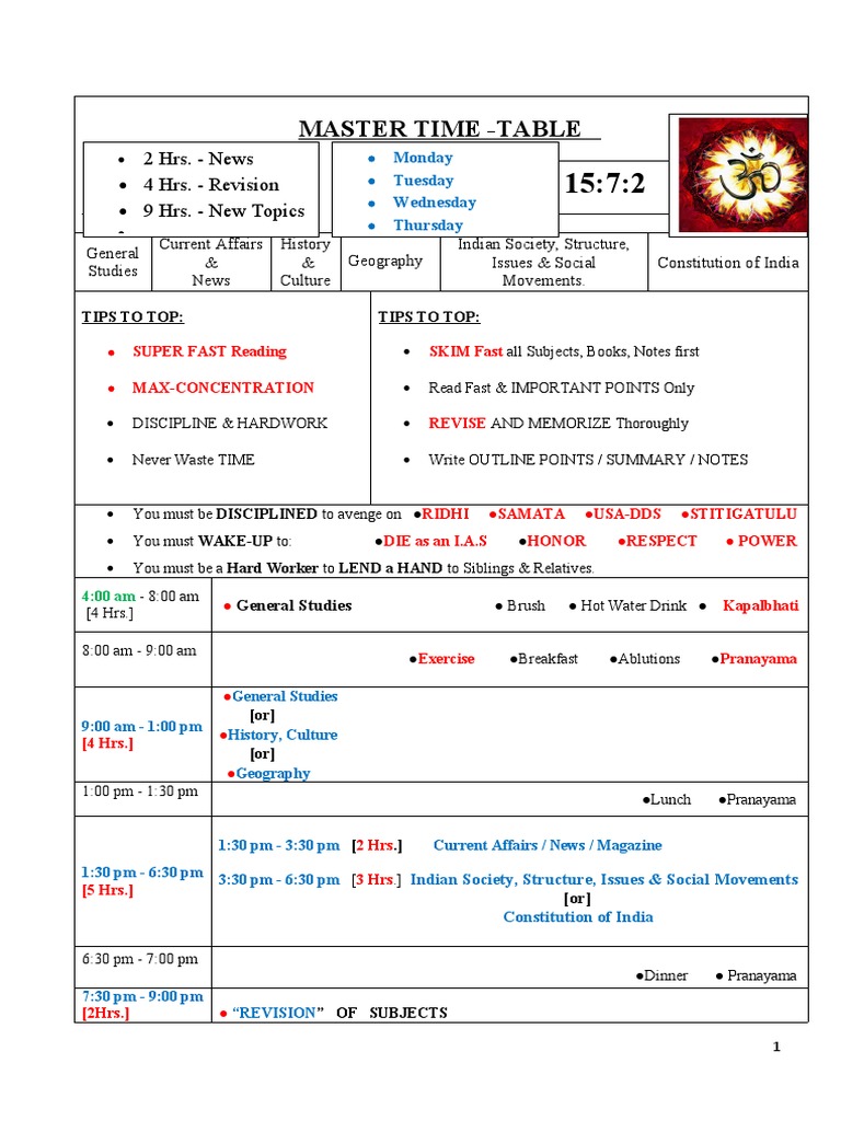 Master Time - Table: 2 Hrs. - News 4 Hrs. - Revision 9 Hrs. - New ...