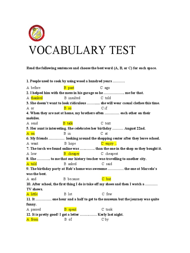 Vocabulary Test - Grade 7 | PDF