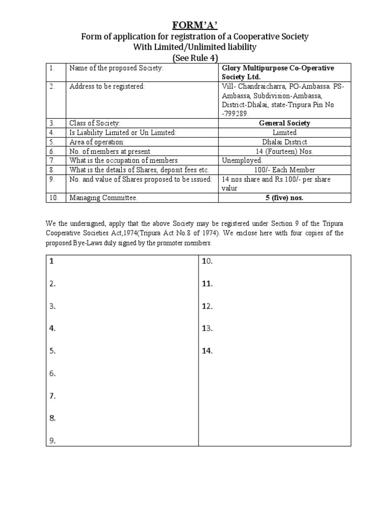 Form'A': Form of Application For Registration of A Cooperative Society ...