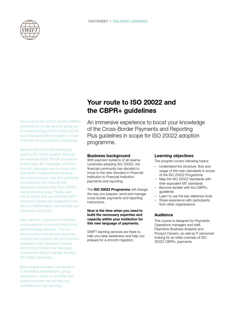 SWIFT Factsheet ISO20022 CBPR Guidelines 57503 | PDF | Expert | Communication