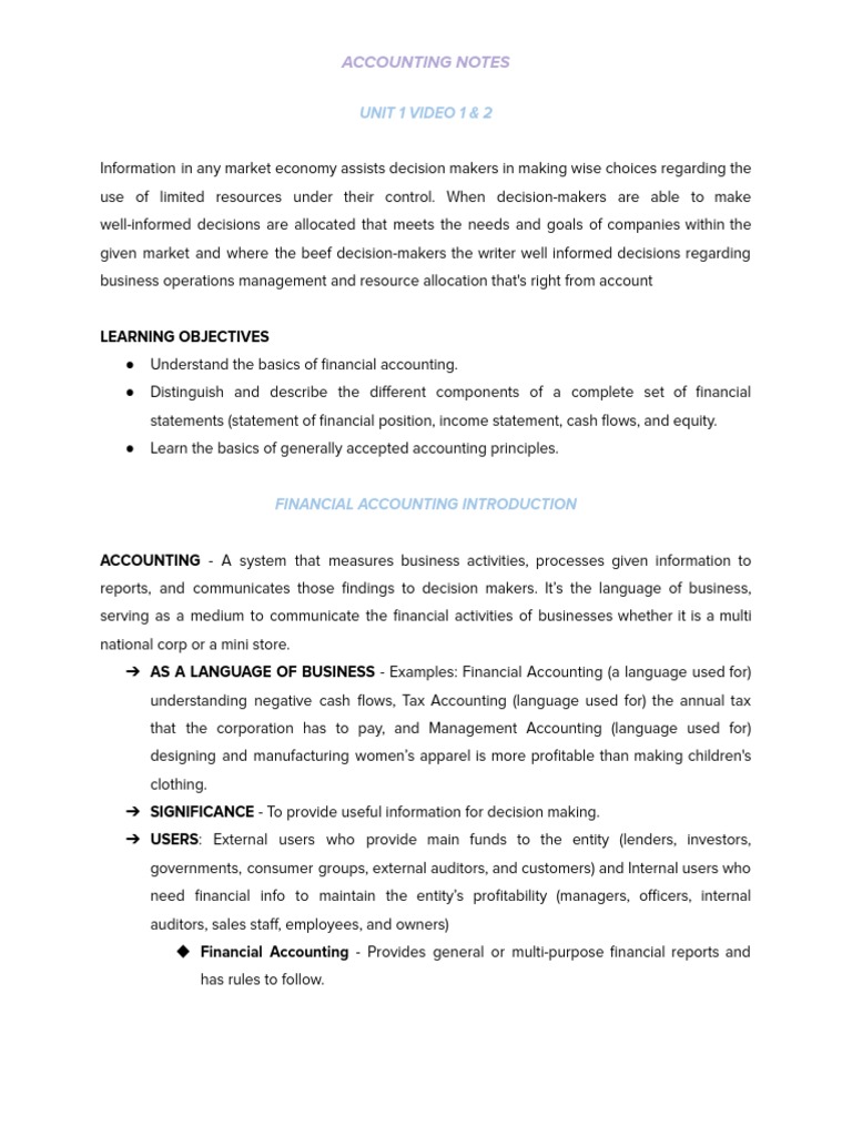 Accounting Notes: Unit 1 Video 1 & 2 | PDF | Accounting | Financial ...
