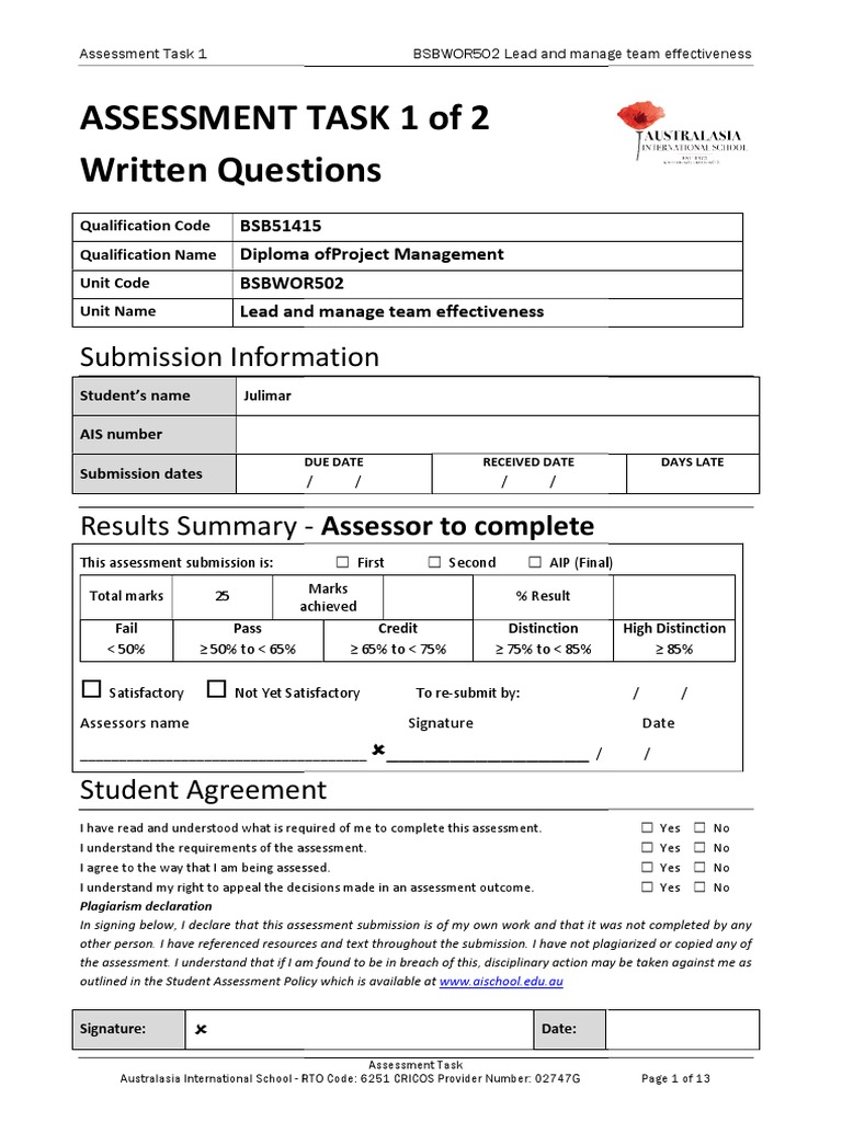 Assessment Task 1 of 2 Written Questions Assessment Task 1 of 2 Written ...