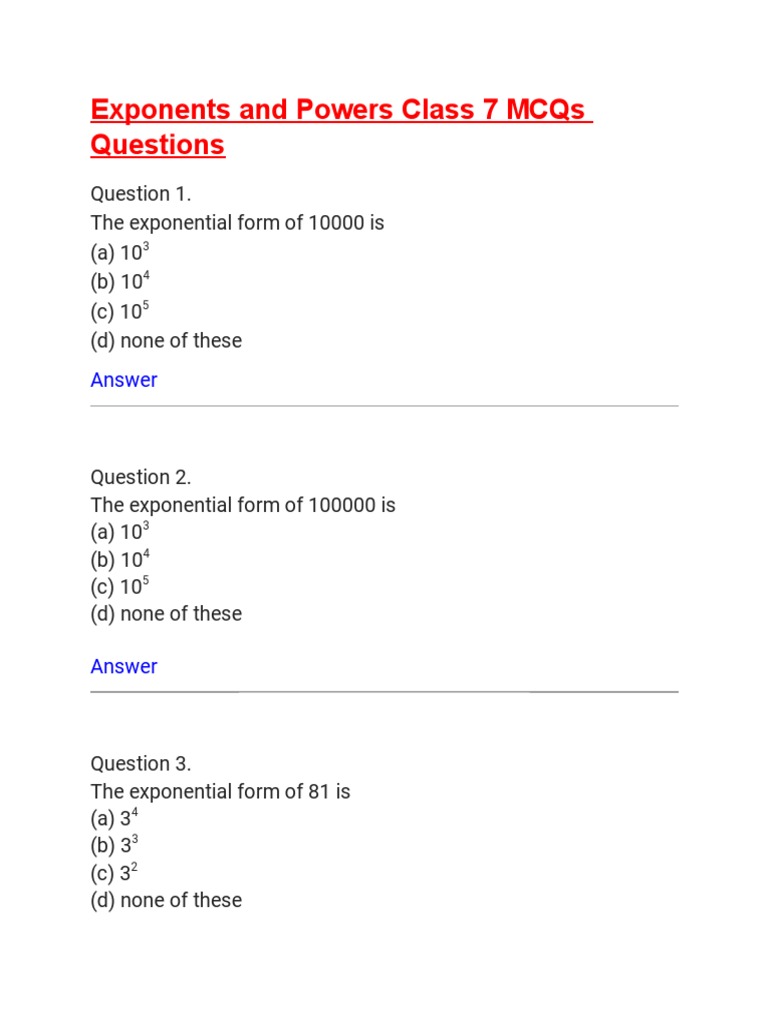 Exponents and Powers Class 7 MCQs | PDF | Exponentiation | Mathematics