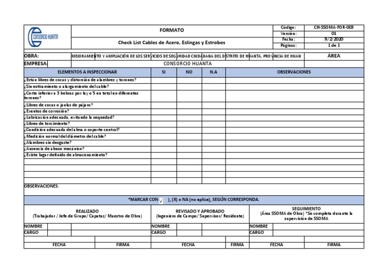 FORMATO 003-Check List Cables de Acero, Eslingas, Estrobos | PDF ...