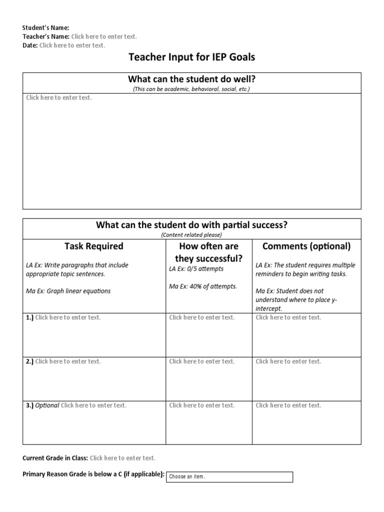 Teacher Input For IEP Goals: What Can The Student Do Well? | PDF ...