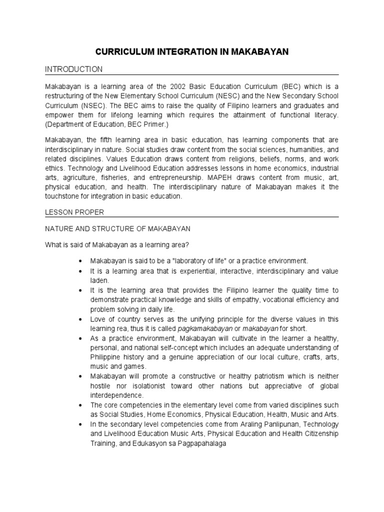 Curriculum Integration in Makabayan | PDF | Learning | Teachers