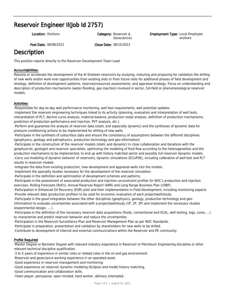 Senior Reservoir Engineer Position | PDF | Petroleum Reservoir