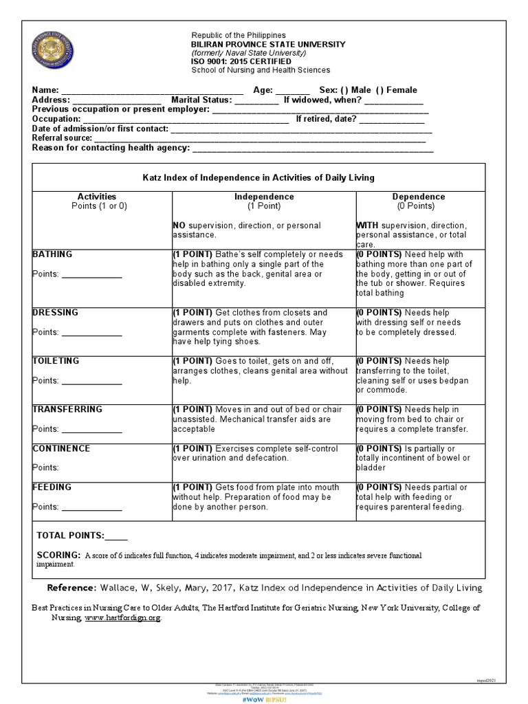 Geriatric Assessment Tool - Katz Index | PDF | Urinary Incontinence | Health Care