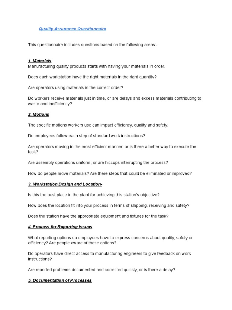Quality Assurance Questionnaire: 1. Materials | PDF