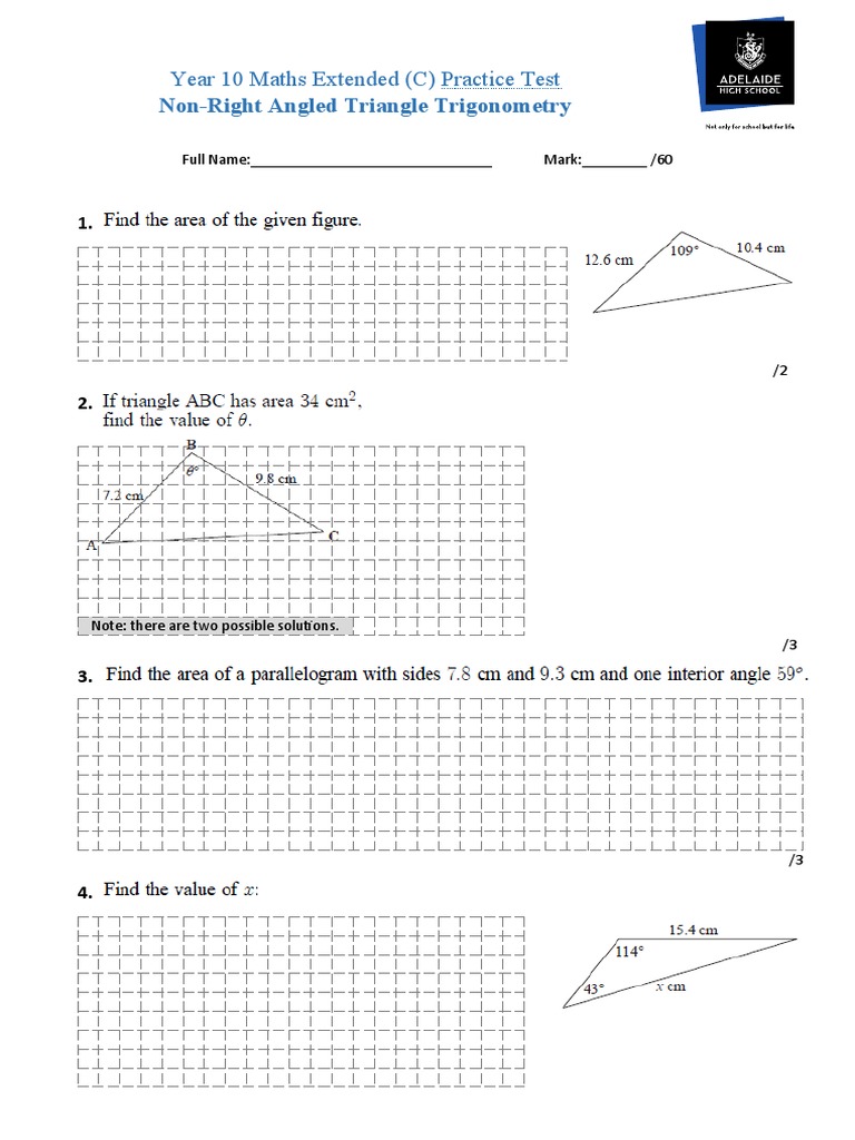 10ext (C) - Non-Right Angled Triangle Trigonometry - Practice Test ...
