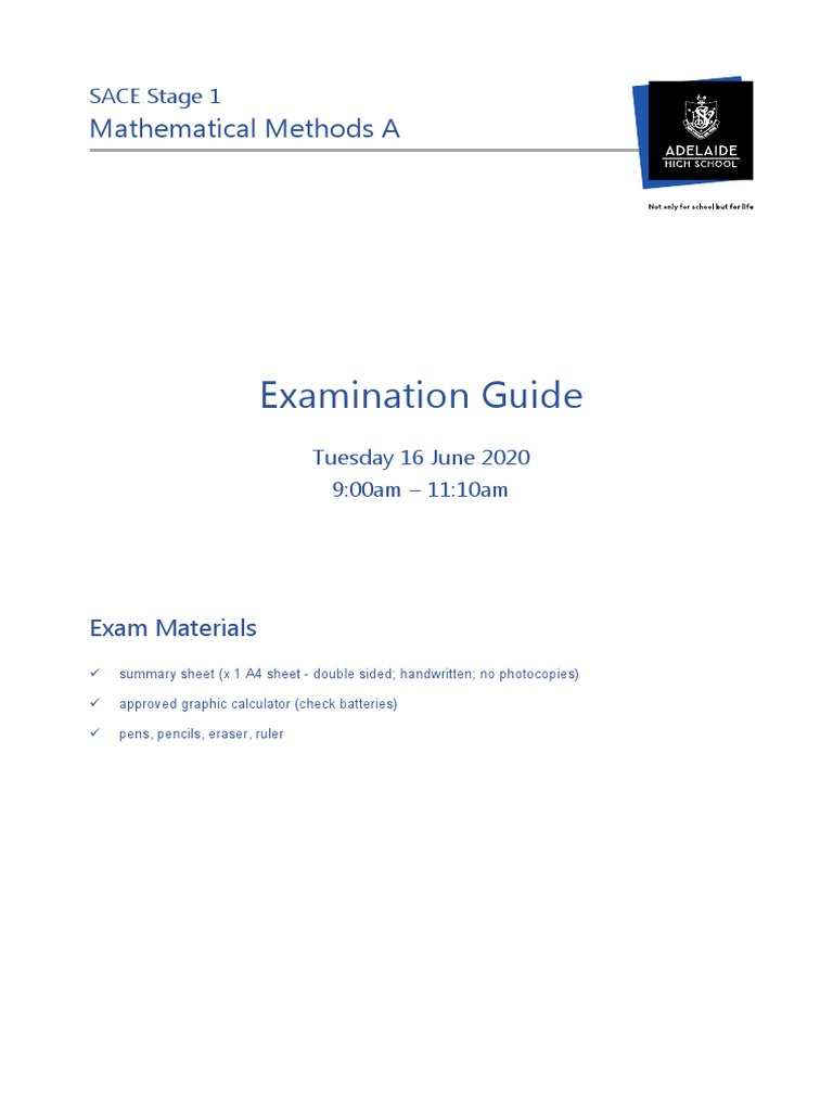 Stage 1 Math Methods A Exam Guide 2020 | PDF | Trigonometric Functions ...