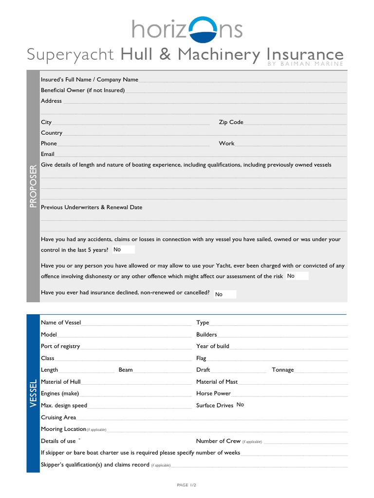 Horizons Quotation Form Hull Ipdf | PDF | Insurance | Yacht