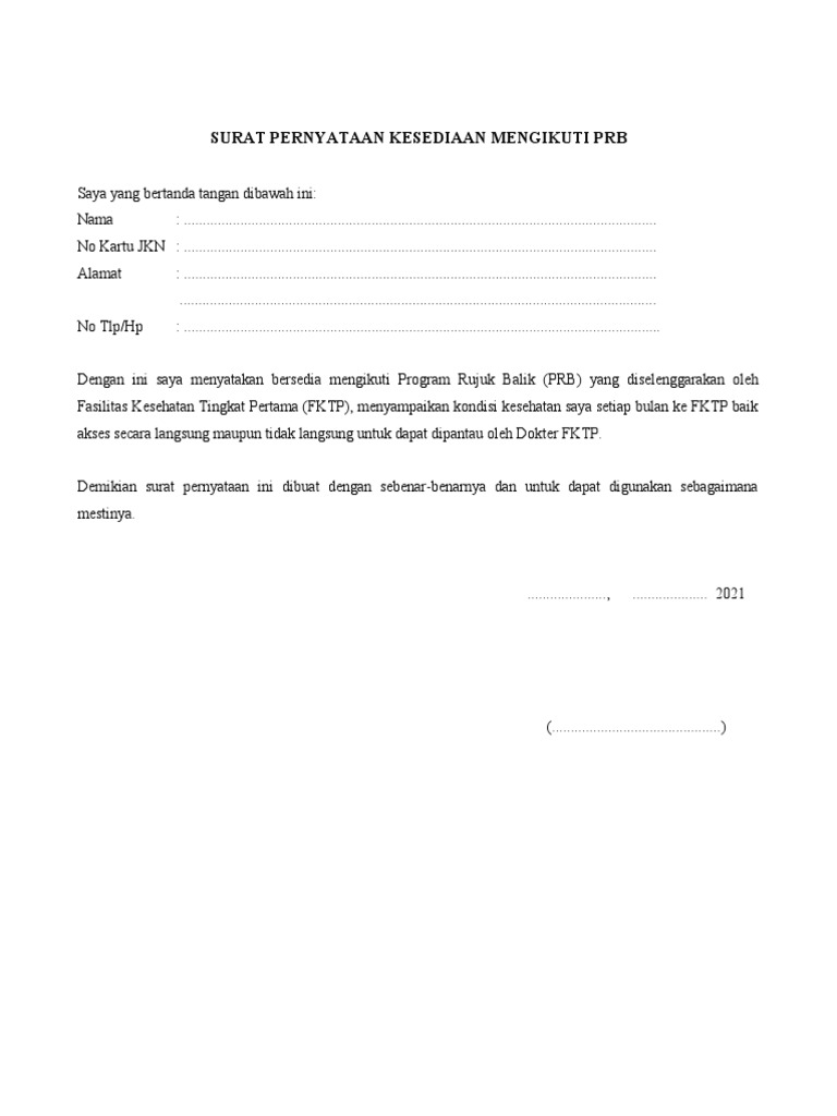 Surat Pernyataan Kesediaan PRB | PDF