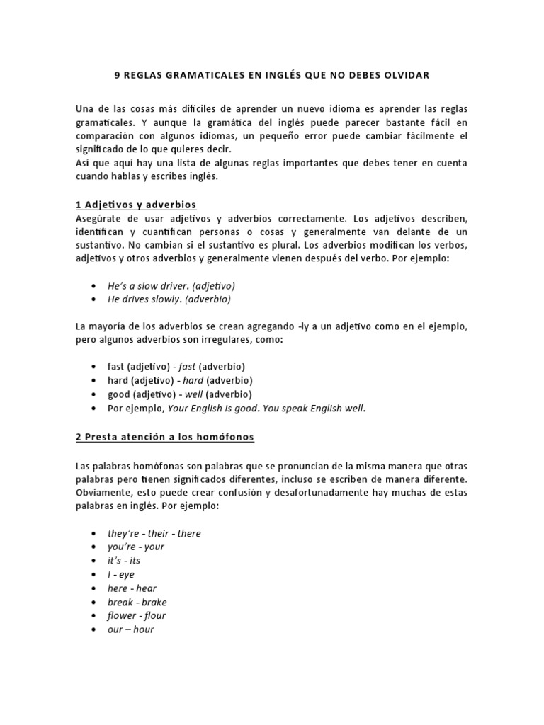 Reglas Gramaticales en Inglés Que No Debes Olvidar | PDF | Adverbio ...