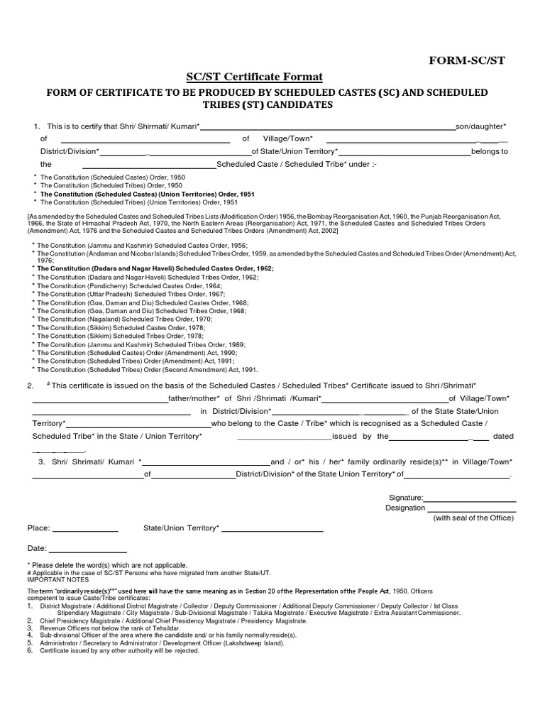 Form-Sc/St SC/ST Certificate Format | PDF | Government Of India | Government