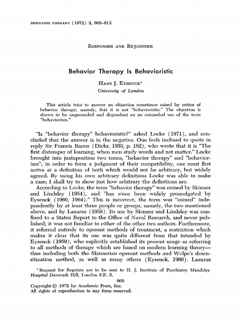 Behavior Therapy Is Behavioristic | PDF | Behaviorism | Psychotherapy