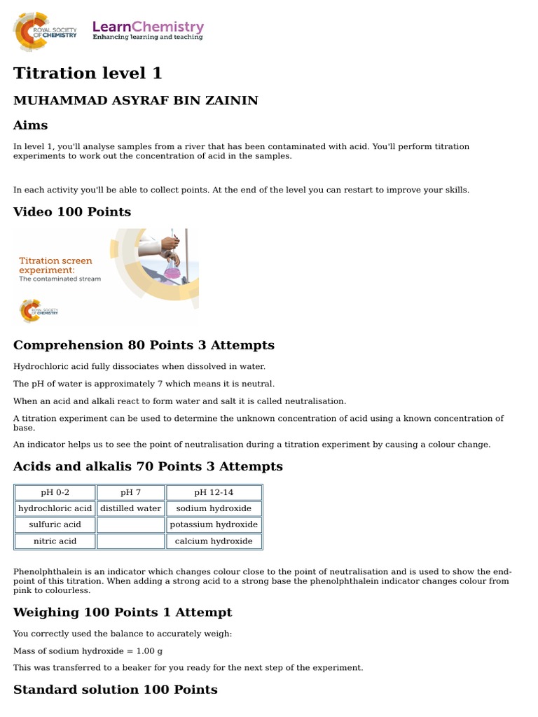 Titration Level 1 Labnotebook | PDF | Chemistry | Titration