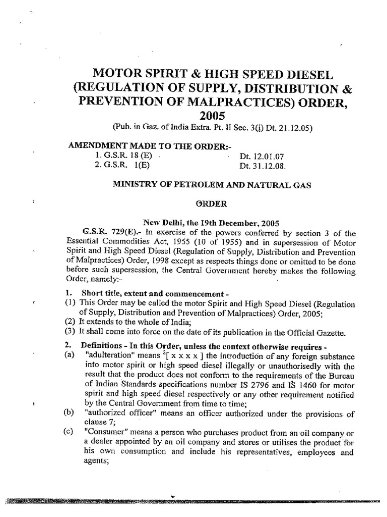 Motor Sprit and High Speed Diesel Order 2005 | PDF