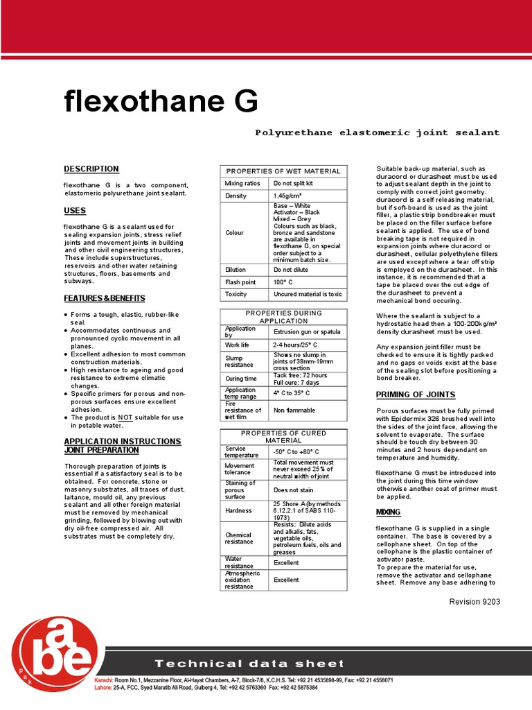 Flexothane G: Polyurethane Elastomeric Joint Sealant | PDF | Building ...