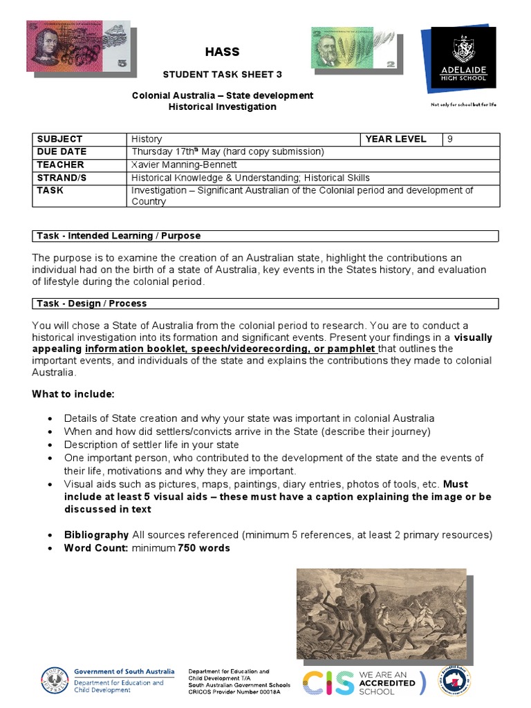 Student Task Sheet 3 Colonial Australia - State Development Historical ...