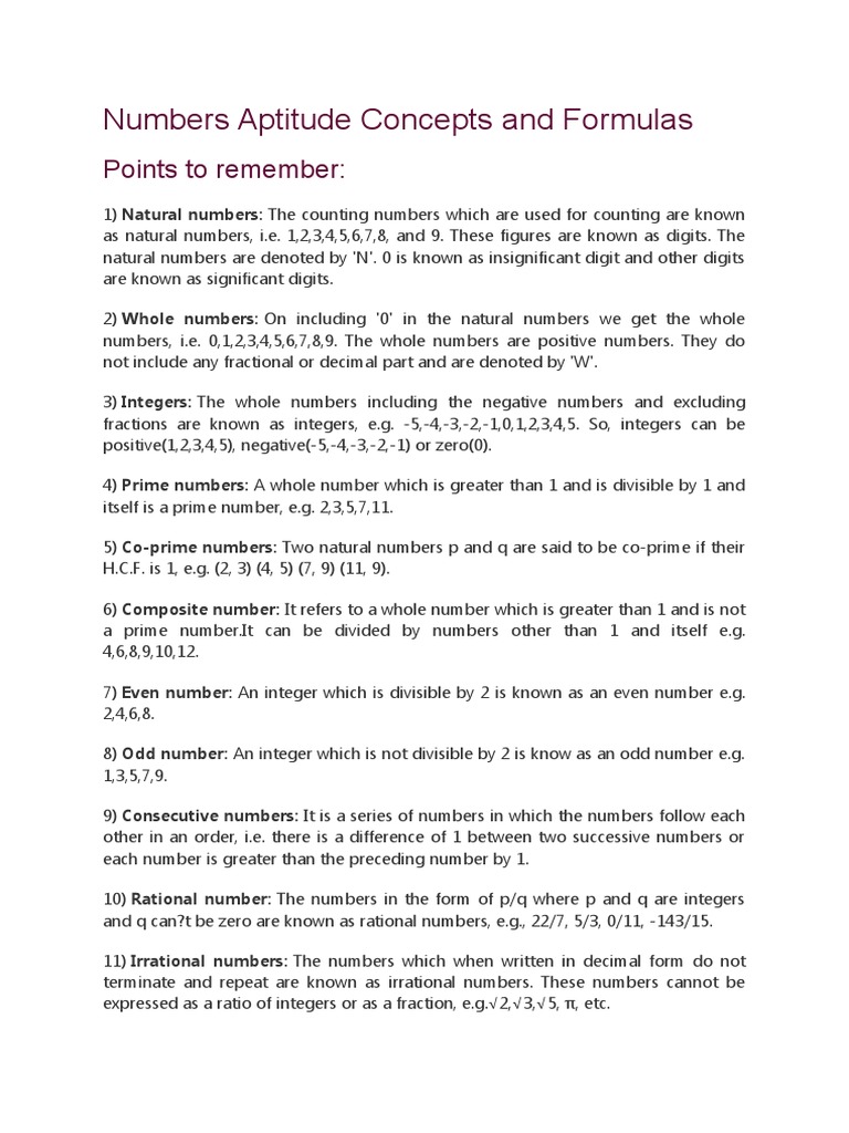 Numbers Aptitude Concepts and Formulas: Points To Remember | PDF ...
