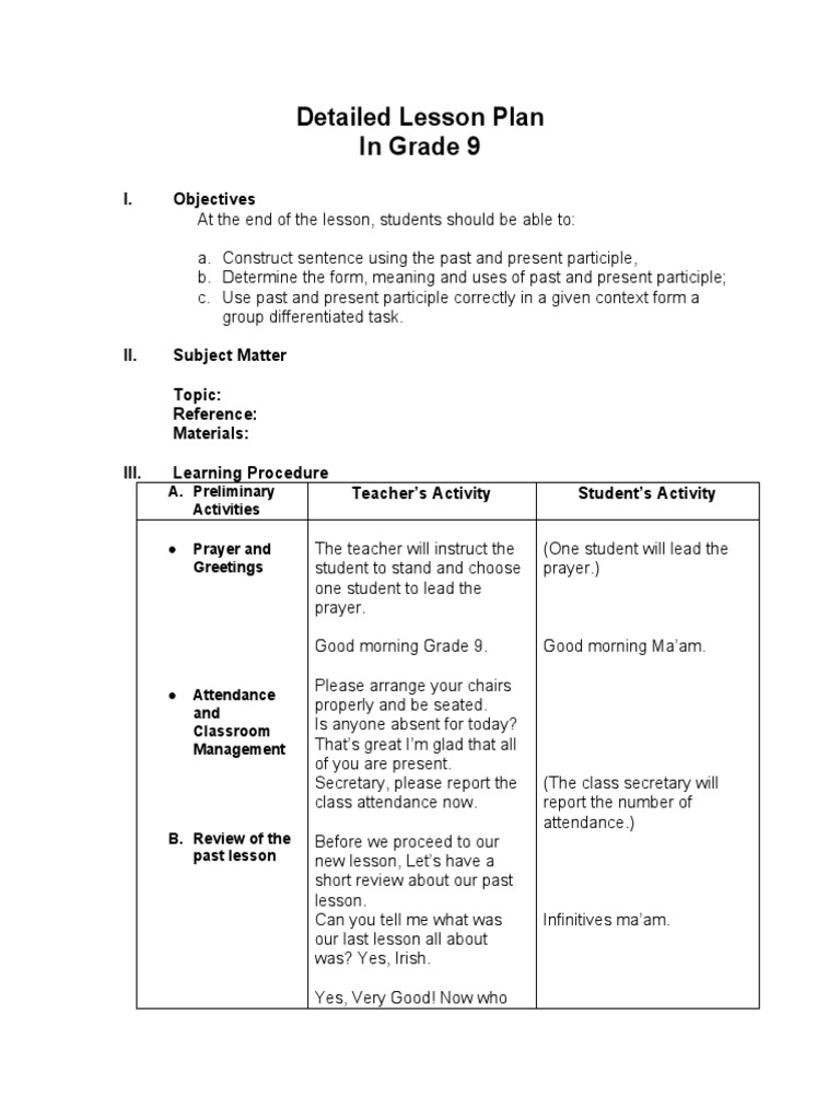 Detailed Lesson Plan in Grade 9 | PDF | Verb | Adjective
