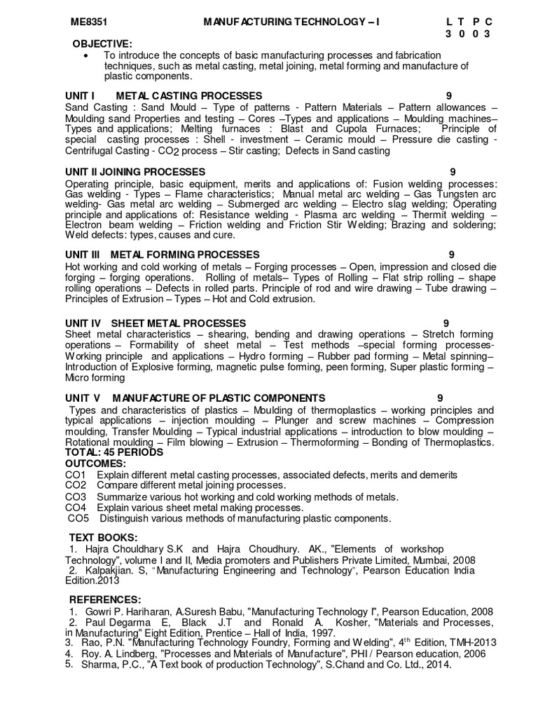 Me8351 Manufacturing Technology-I Syllabus | Download Free PDF ...