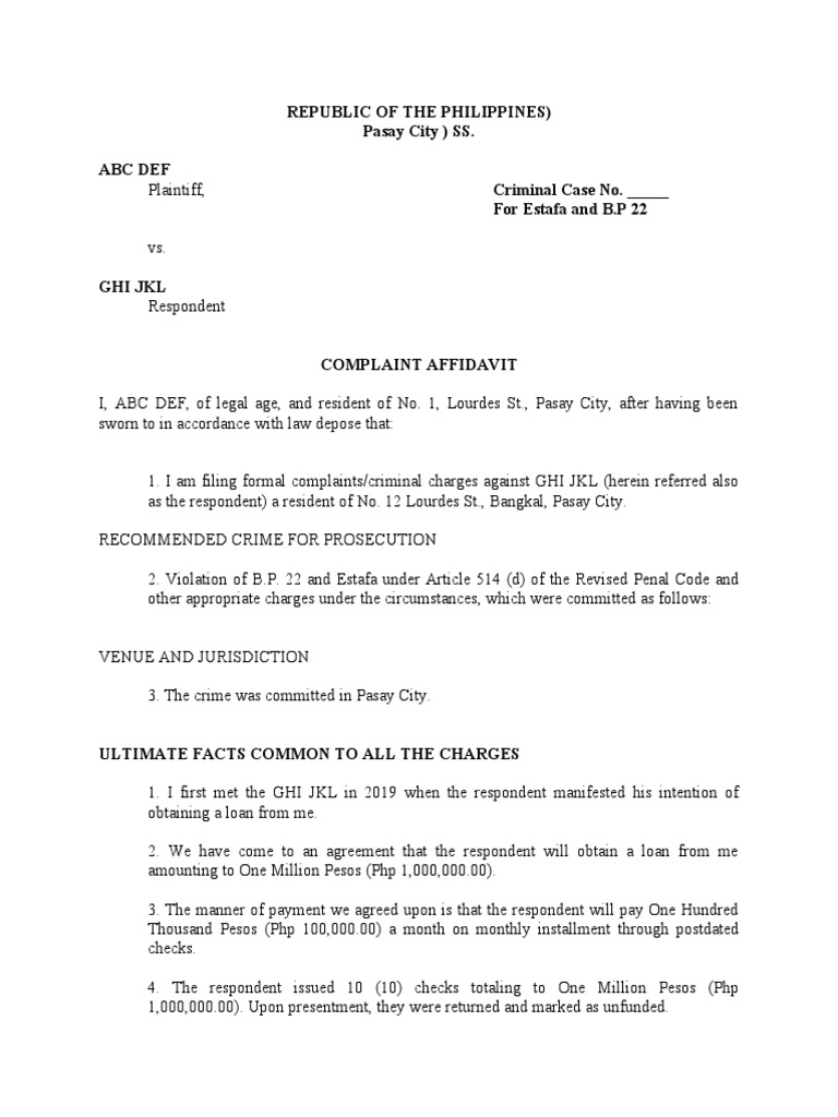Complaint Affidavit - Estafa and BP 22 | PDF | Affidavit | Fraud