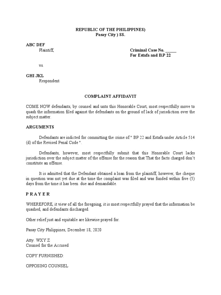 Republic of The Philippines) Pasay City) SS. Abc Def Criminal Case No ...
