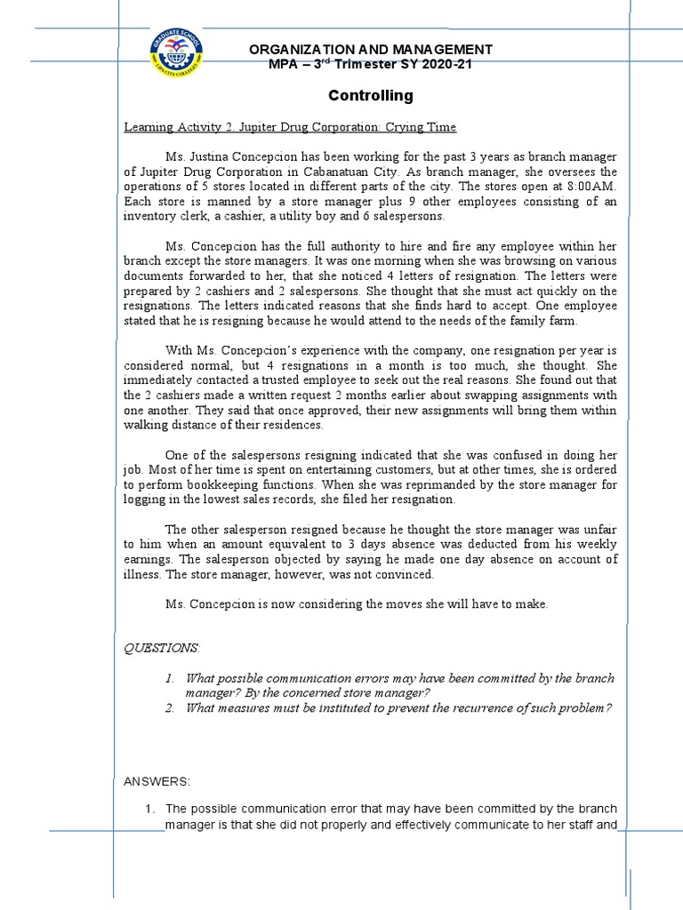 Learning Activity 2. Jupiter Drug Corporation | PDF | Communication ...