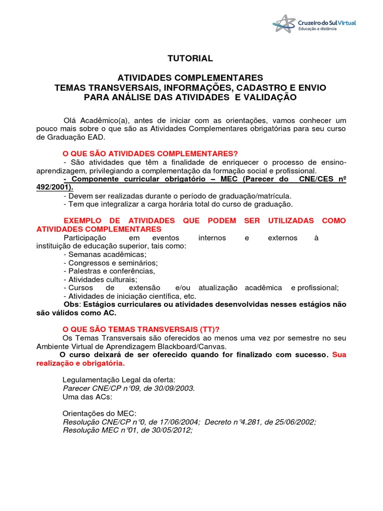 TUTORIAL - Atividades Complementares - Temas Transversais, Cadastro e Postagem Das Atividades ...