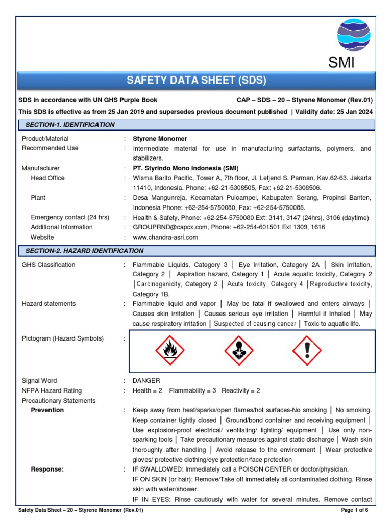 SDS GHS 20 Styrene Monomer (Rev.01) | PDF | Dangerous Goods | Firefighting