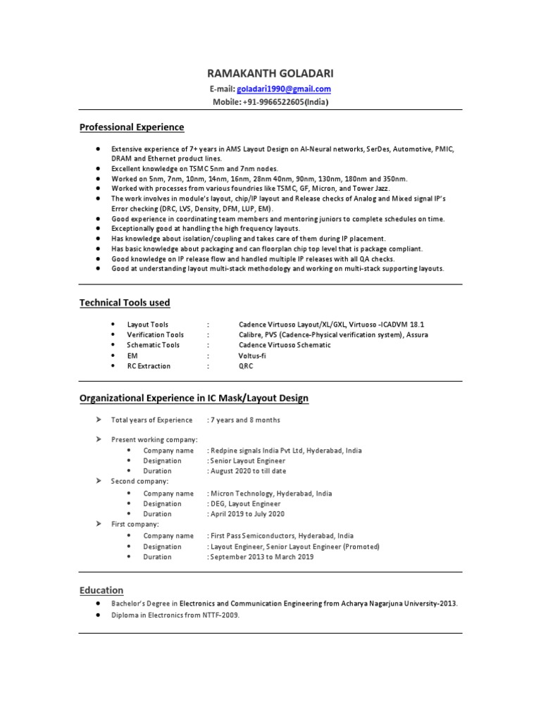 AMS Layout Design Expert Resume | PDF | Computing | Electronic Design