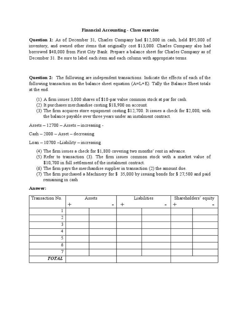 Balance Sheet Preparation Exercises | PDF | Balance Sheet | Equity ...