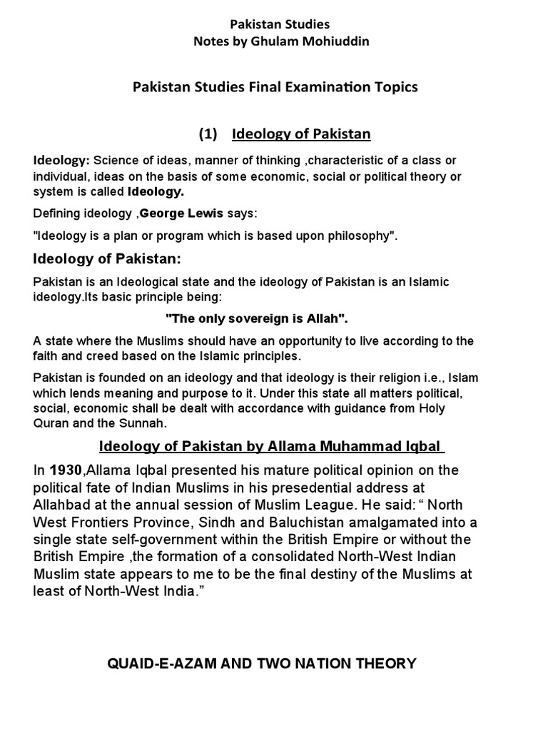 Pakistan Studies Final Examination Topics | PDF | Two Nation Theory ...