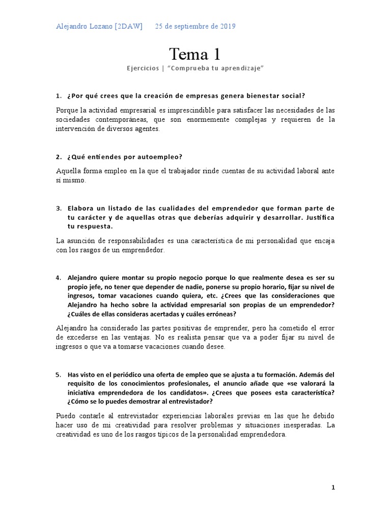 EIE - Tema 1 - Comprueba Tu Aprendizaje | PDF | Iniciativa empresarial | Innovación